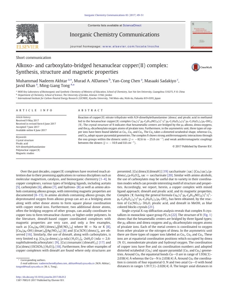 Alkoxo - and Carboxylato Bridged Hexanuclear Copper (II) Complex ...
