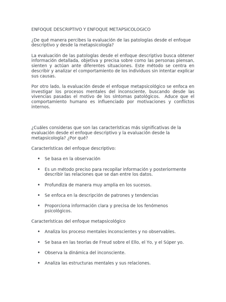 Enfoque Descriptivo y Enfoque Metapsicologico | PDF