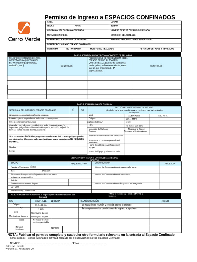 Formato 1 Permiso de ingreso a espacio confinado_v.01 | PDF