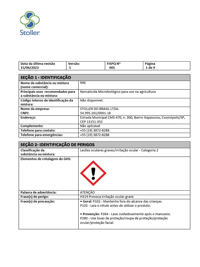 FISPQ_ STOLLER_RRE_ rev2_ 16_06_23 PT_Aéreo - Stoller 26.09.2024 | PDF