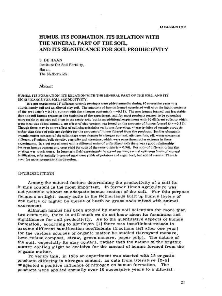 Humus Its Formation Its Relation With The Mineral-Wageningen University ...