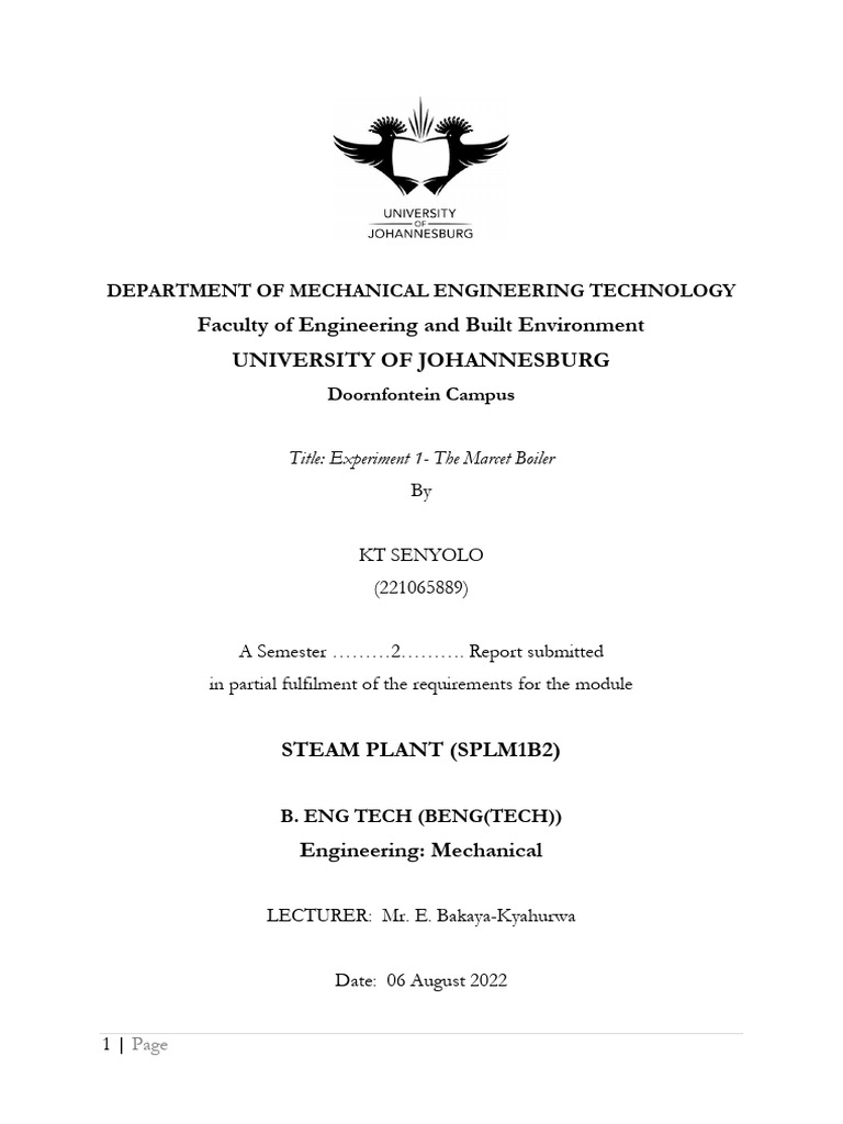 KT Senyolo 221065889 Experiment 1 Lab Report The Marcet Boiler | PDF ...