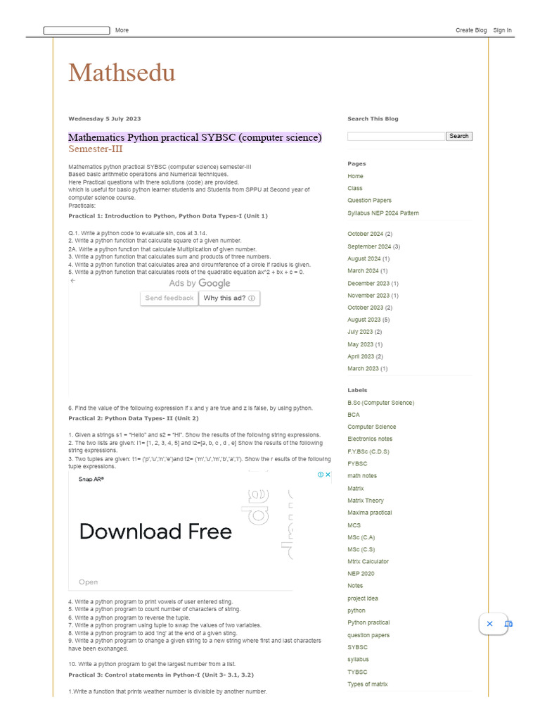 Mathsedu - Mathematics Python Practical SYBSC (Computer Science) Semester-III | PDF