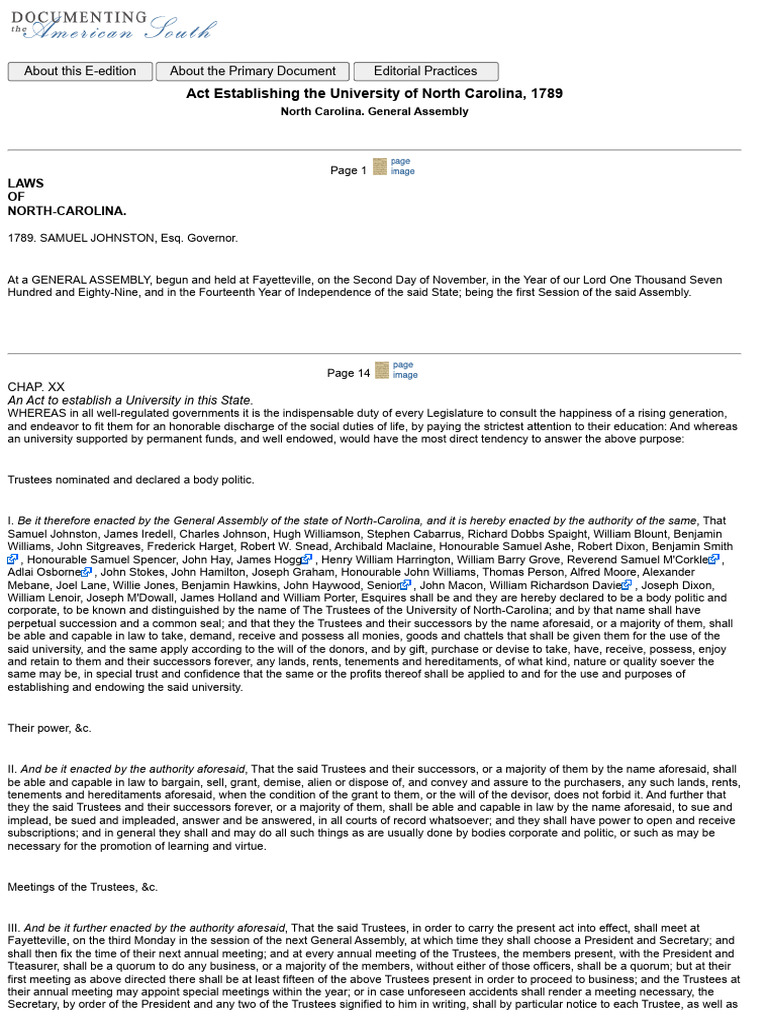 Act Establishing The University of North Carolina, 1789 - Electronic ...