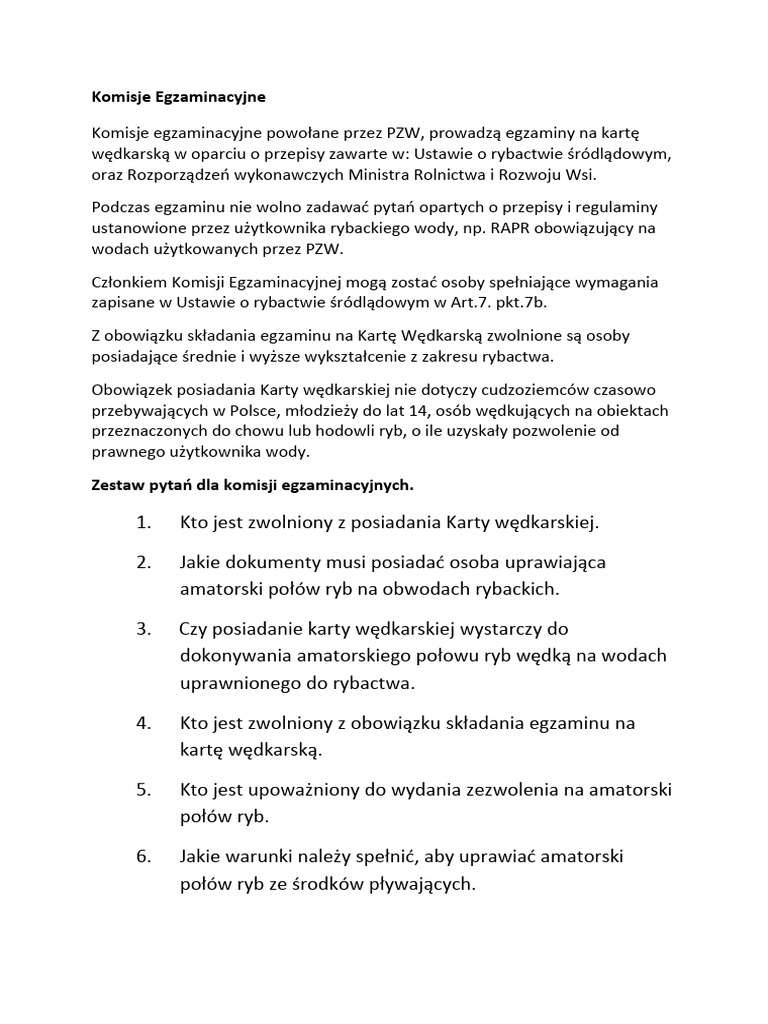 Pytania Egzaminacyjne Na Karte Wedkarska | PDF