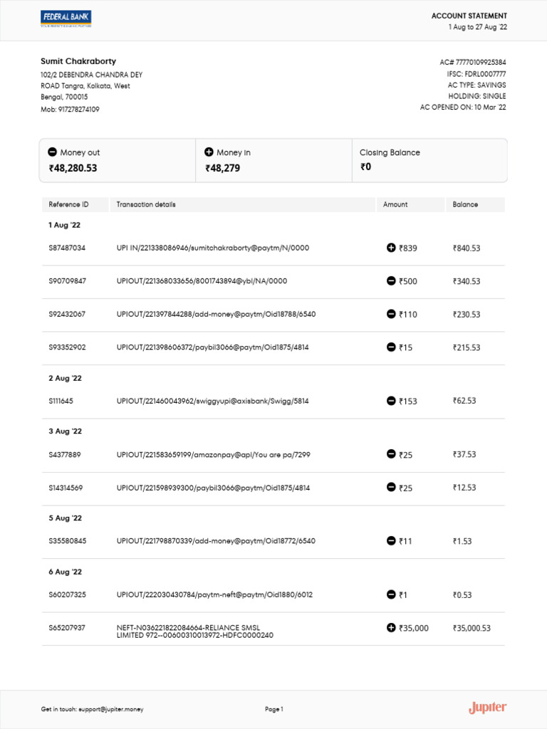 Jupiter Account Statement 01 Aug 2022 To 27 Aug 2022 | PDF