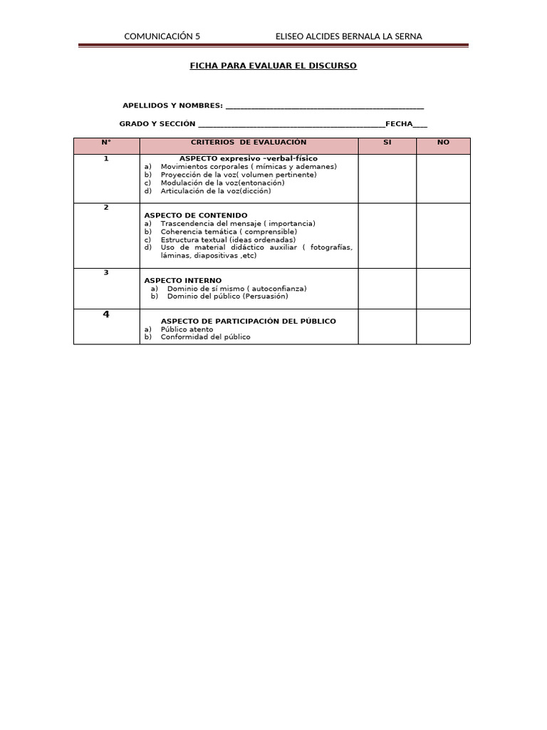 Ficha para Evaluar El Discurso | PDF