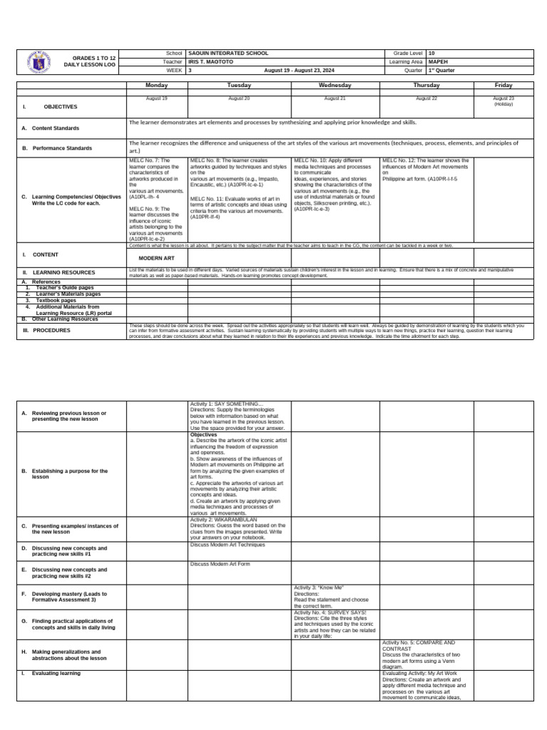 Mapeh 10 Q1 W4 24 25 | PDF | Learning | Behavior Modification