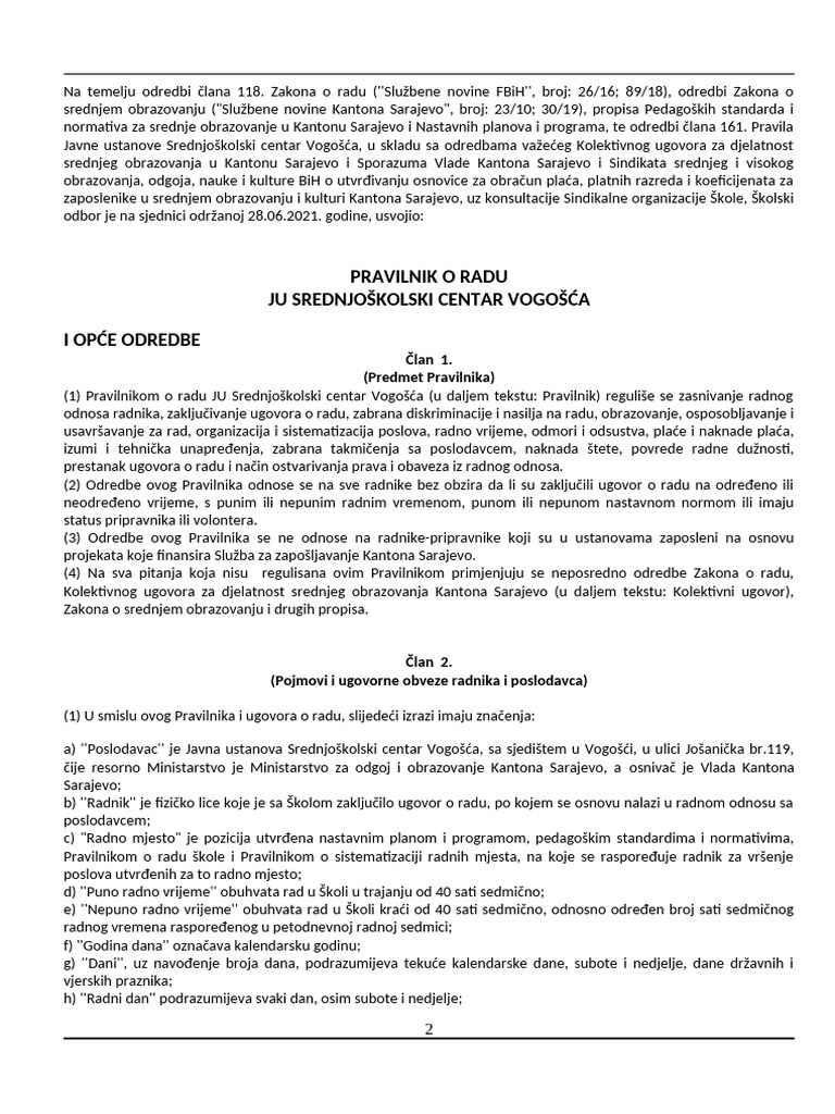 Pravilnik o Radu Skole SCV Novi Kolektivni Ugovor 2021 2 1 | PDF