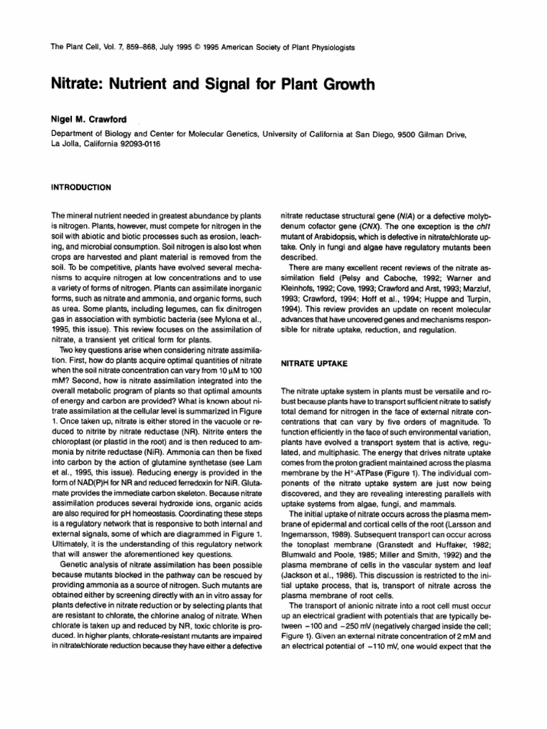 Nitrate: Nutrient and Signal For Plant Growth: Nigel M. Crawford | PDF