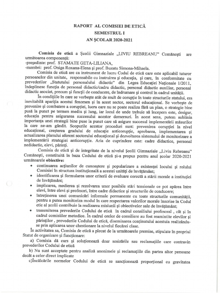 Raportul Comisiei de Etica | PDF
