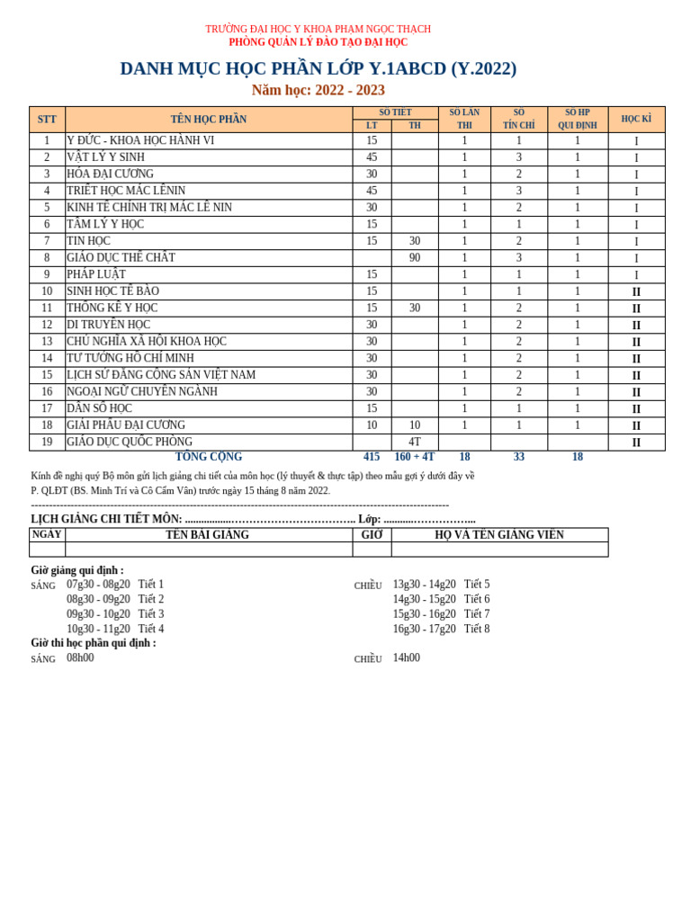 Lịch Học Y1abcd - NH22-23 Chinh Thuc | PDF