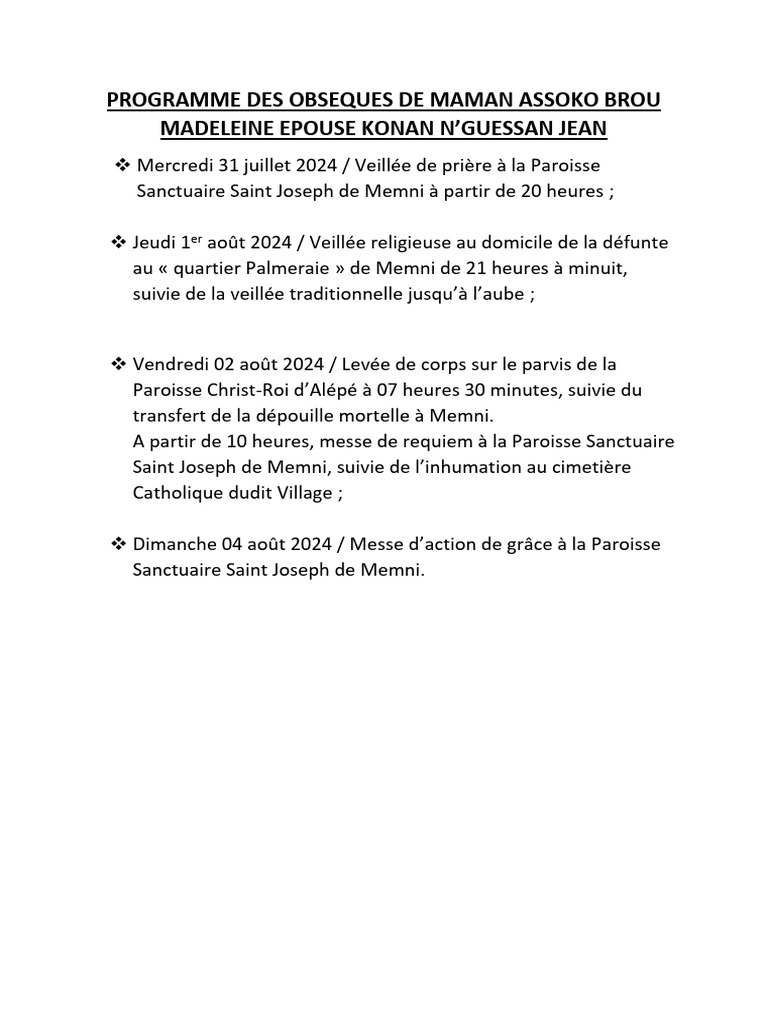 Programme Des Obseques de Maman Assoko Brou Madeleine Epouse Konan N | PDF
