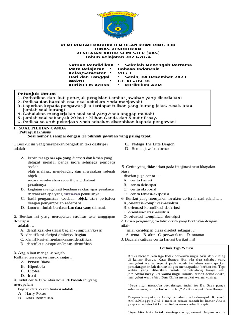 Soal 20.5 Esai - Pas .1 .Bindo KLS 7 2023. | PDF