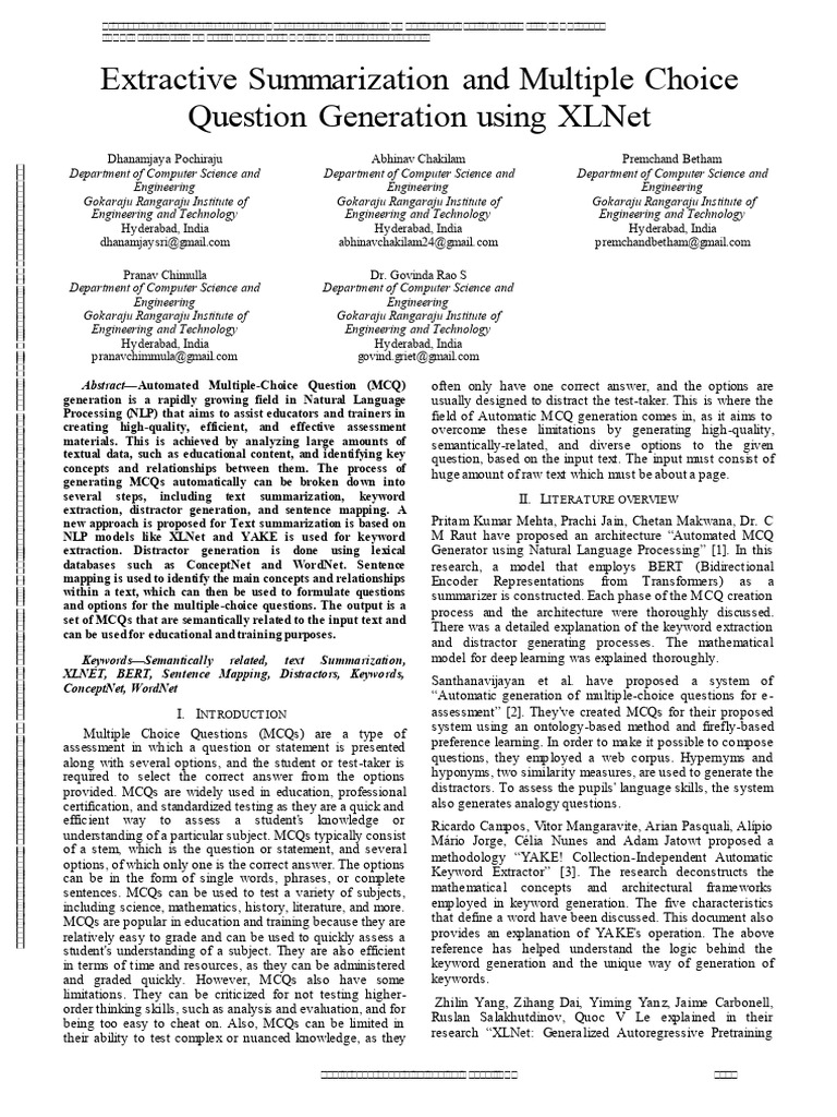 Extractive Summarization and Multiple Choice Question Generation Using Xlnet | PDF