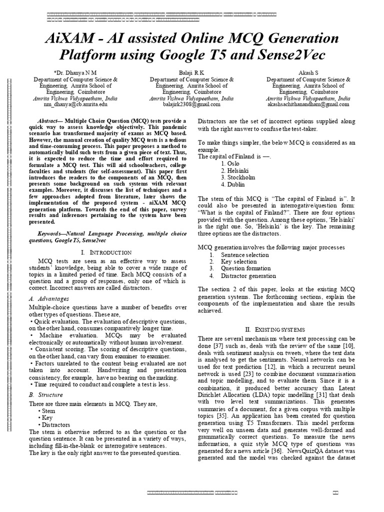 Aixam - Ai Assisted Online MCQ Generation Platform Using Google T5 and Sense2Vec | PDF