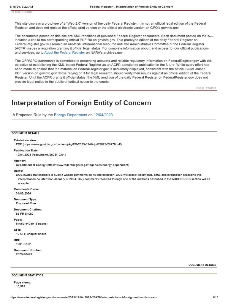 Federal Register - Interpretation of Foreign Entity of Concern | PDF