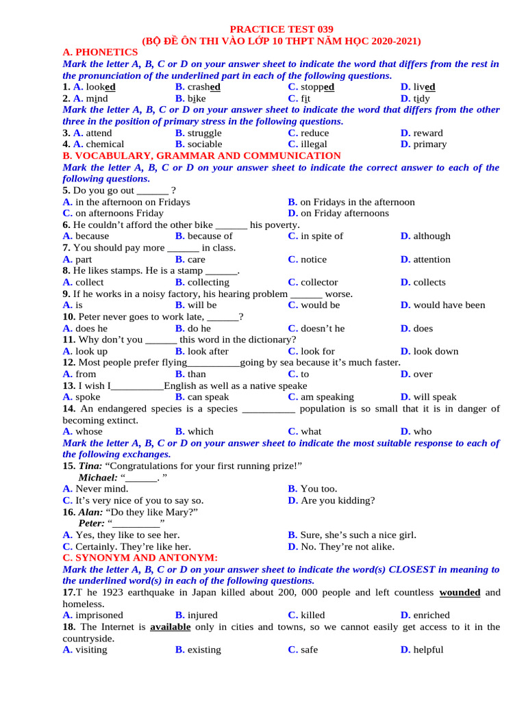 ĐỀ Tiếng anh thi vào 10 FORM HÀ NỘI Trắc Nghiệm 40 CÂU | PDF