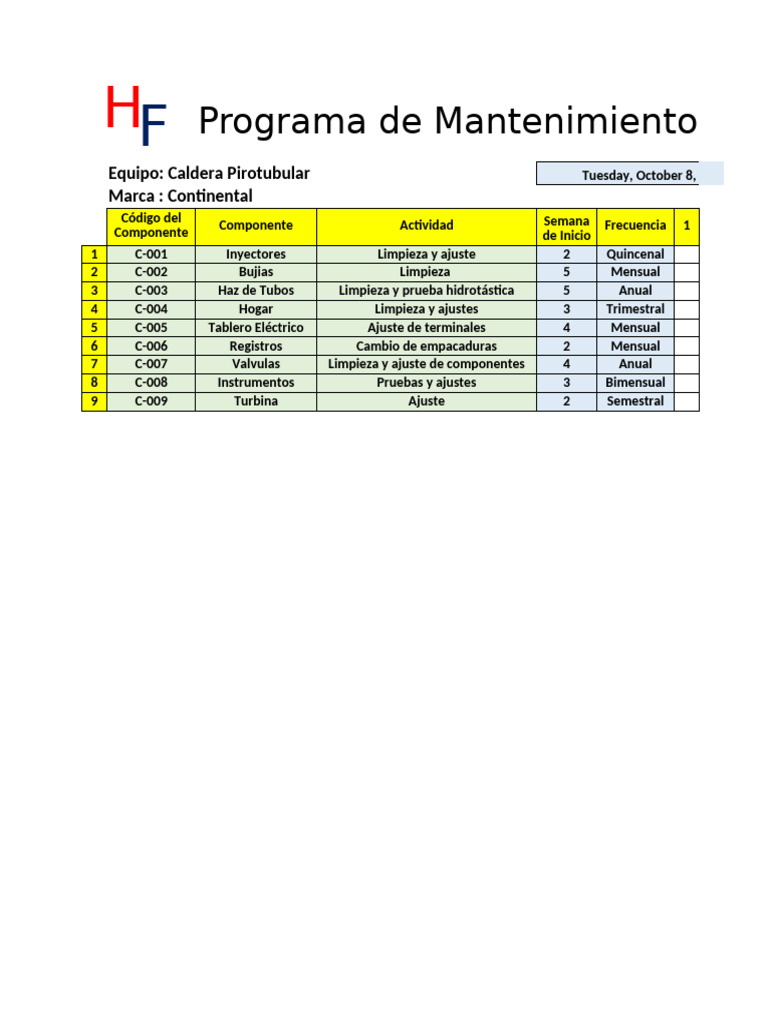 Programa de Mantenimiento Preventivo Semanal en Excel | PDF