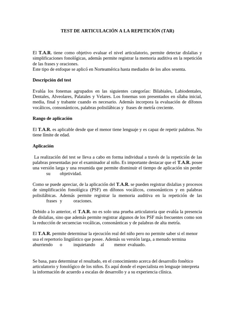 TAR - Test de Articulacion A La Repeticion | PDF
