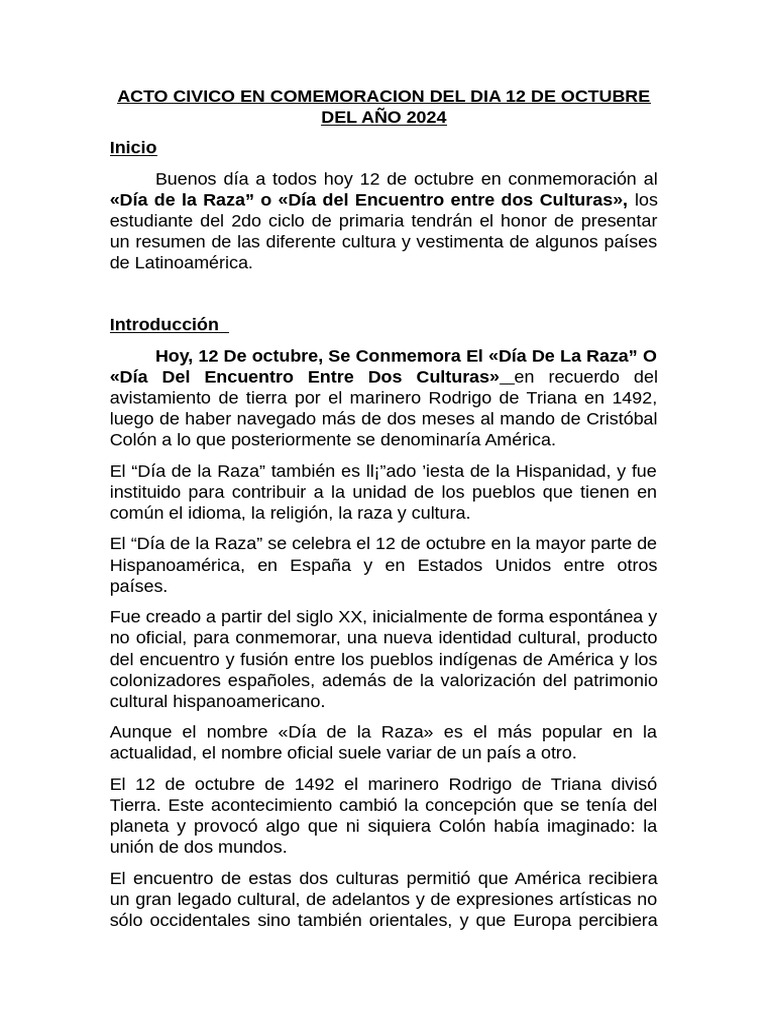 ACTO CIVICO EN COMEMORACION DEL DIA 12 DE OCTUBRE DEL AÑO 2024 | PDF
