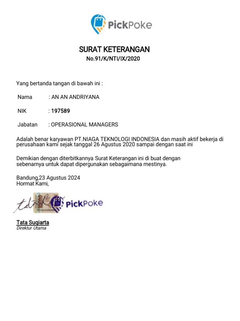 Surat Pengangkatan Andriyana PT - Nti | PDF