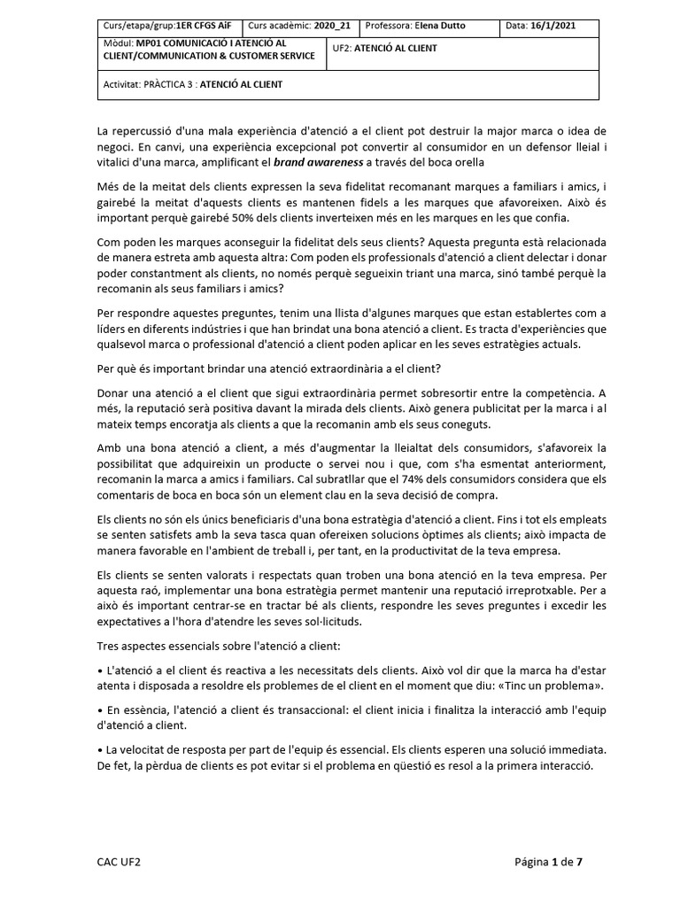 MP01 Cac Uf2 Pràctica 4 Exposició Atenció Al Client | PDF