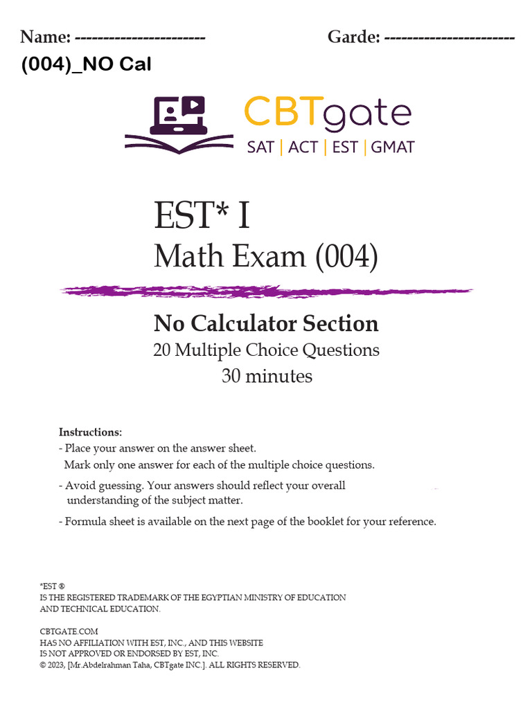 EST I - Math Full Length - CBTgate - Com - 2024 | PDF