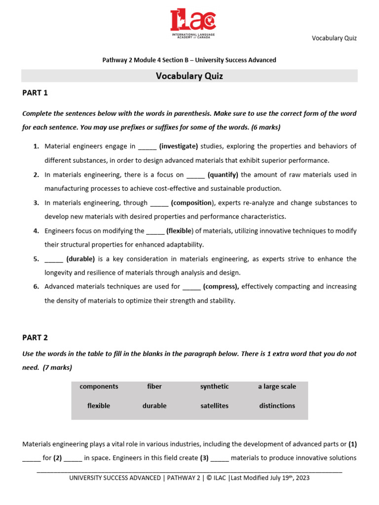 Pathway 2 Module 4 Section B - Vocabulary Quiz Pathway 2 | PDF
