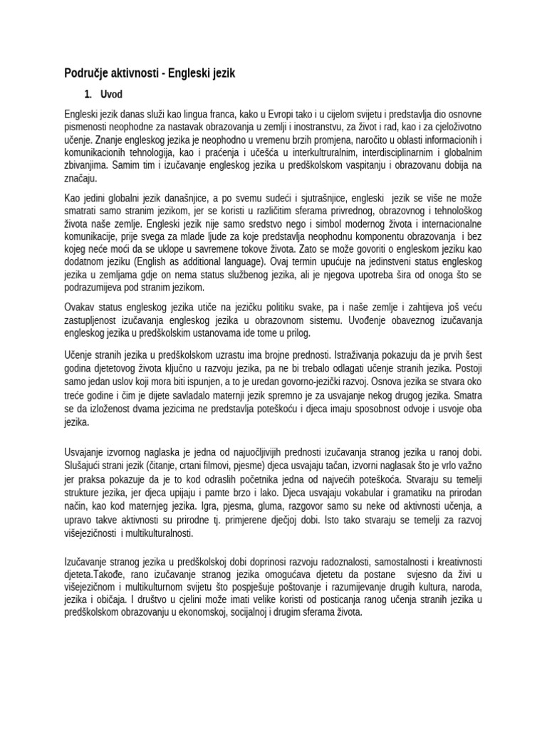 Program Engleski Jezik Za Predškolski Uzrast | PDF