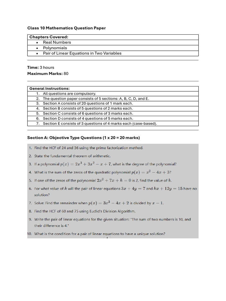 Class 10 Mathematics Question Paper | PDF