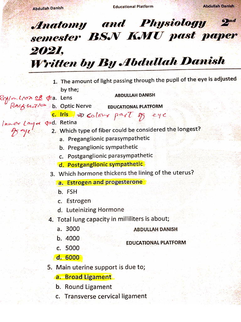Anatomy and Physiology Past Papers | PDF