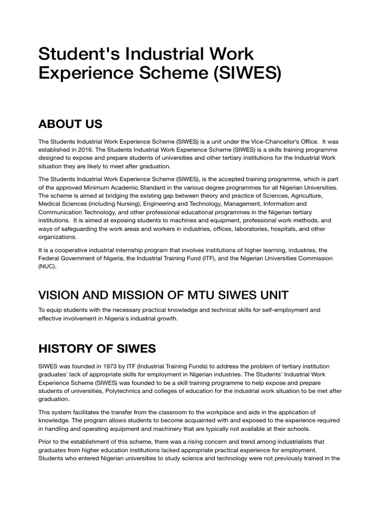 Student's Industrial Work Experience Scheme - Mountain Top University ...