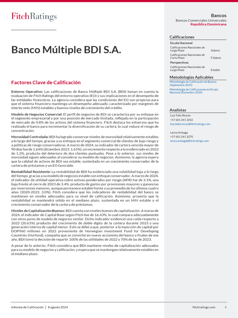 Informe Fitch Ratings BDI | PDF