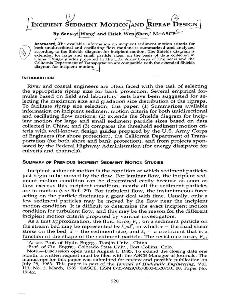 Wang - INCIPIENT SEDIMENT MOTION AND IRIPRAP DESIGN | PDF