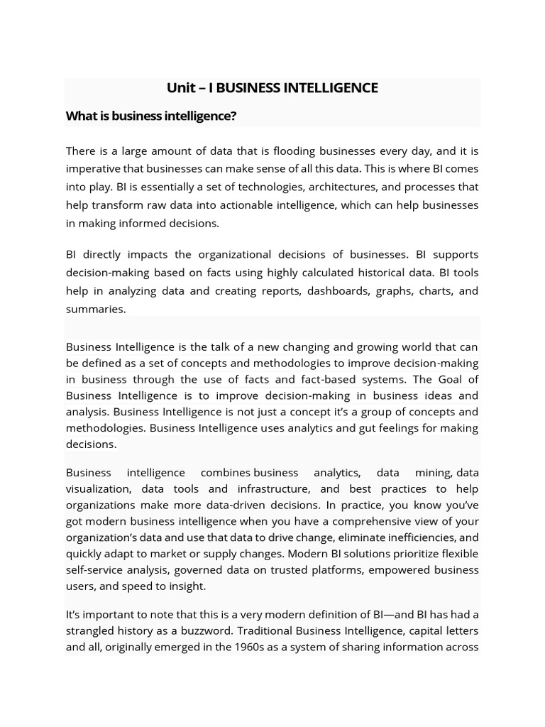 Business Intelligence - I & II Units | PDF | Business Intelligence ...