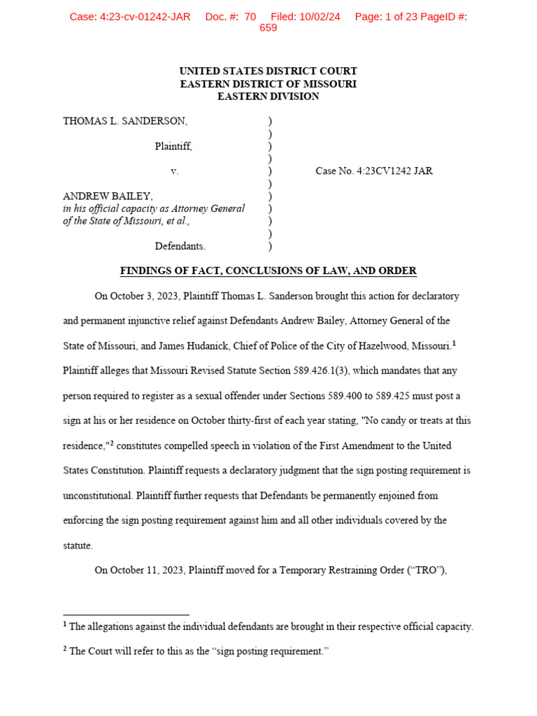 Judge Ross Decision On Missouri Halloween Law | PDF | Standing (Law) | Law