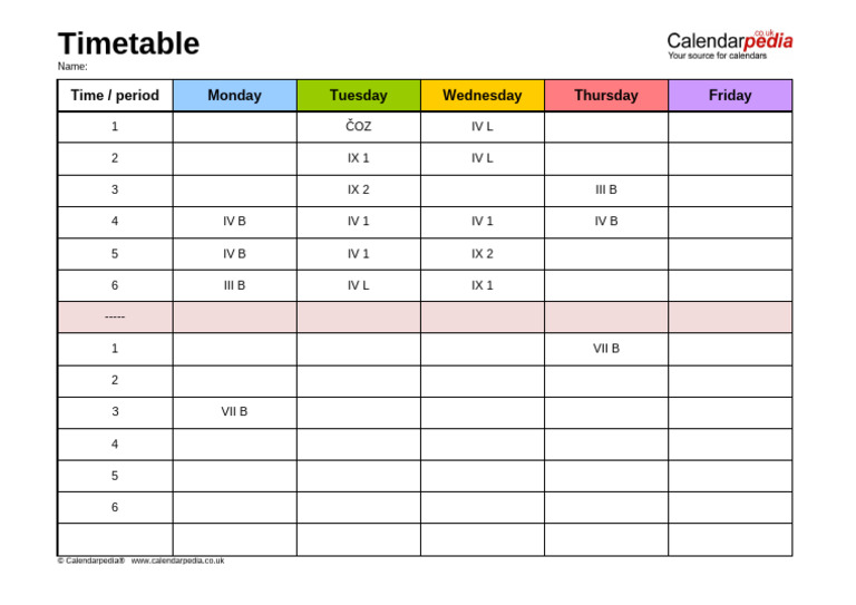 Timetable Monday To Friday in Colour | PDF