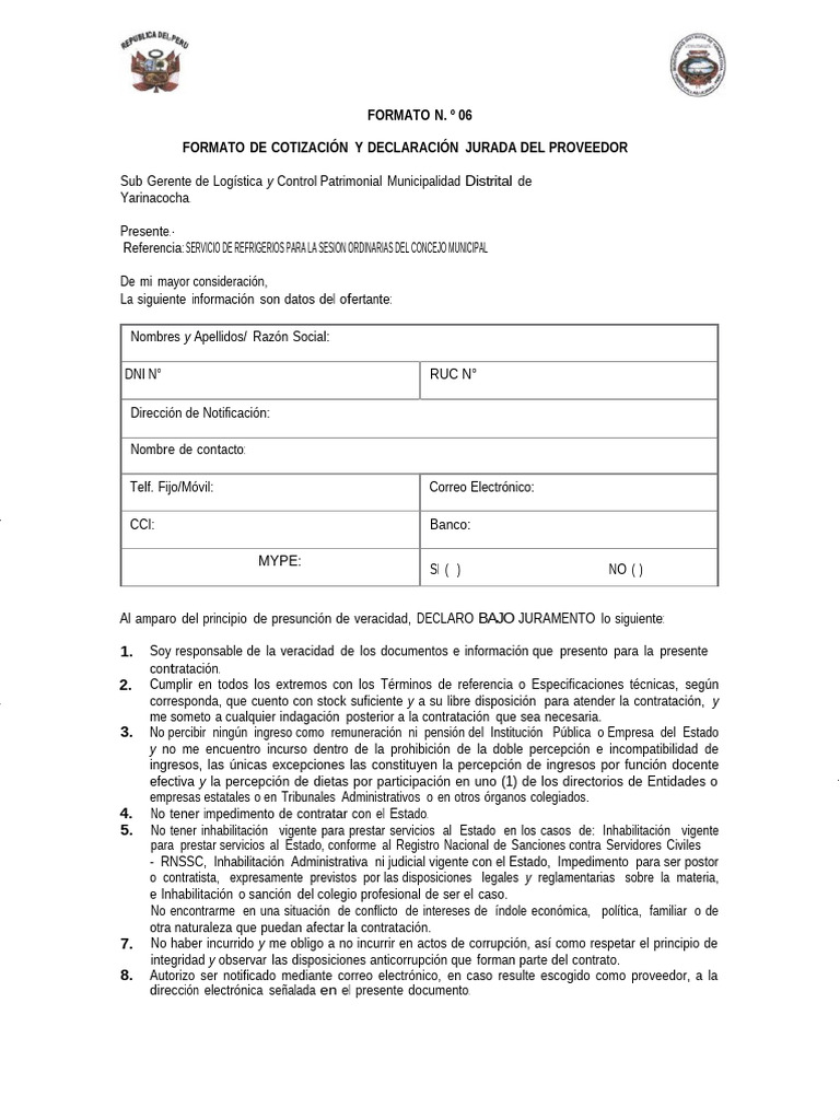 Formato N°06 Declaracion Jurada Servicios | PDF