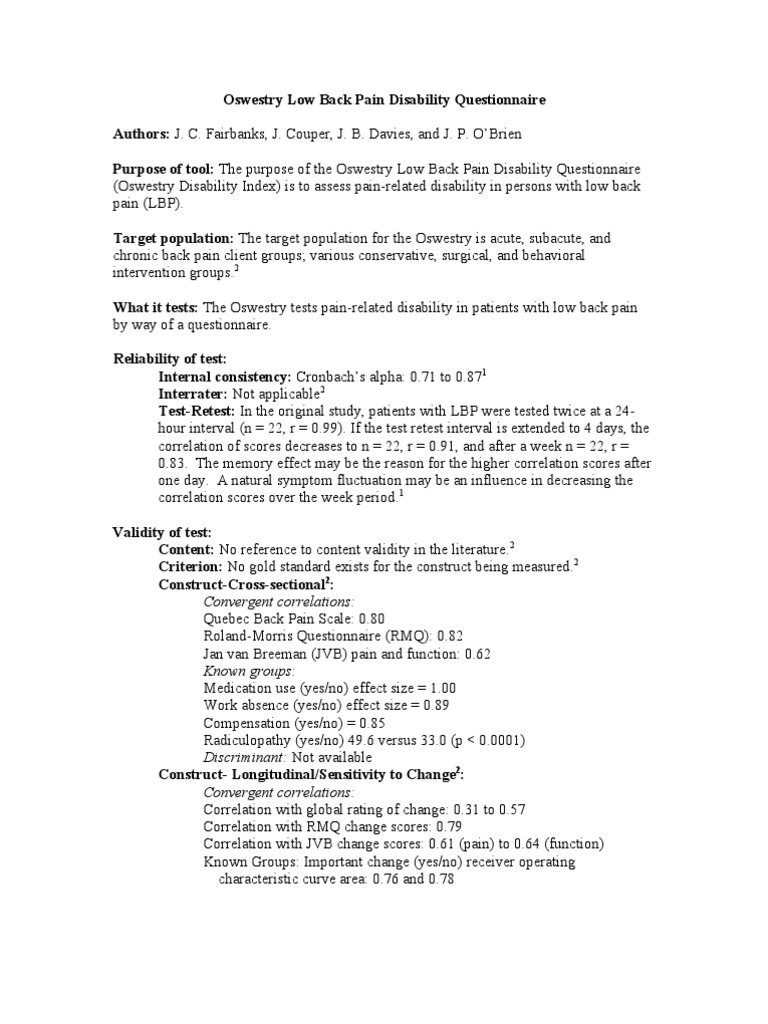 Oswestry Low Back Pain Disability Questionnaire | PDF | Pain | Validity ...