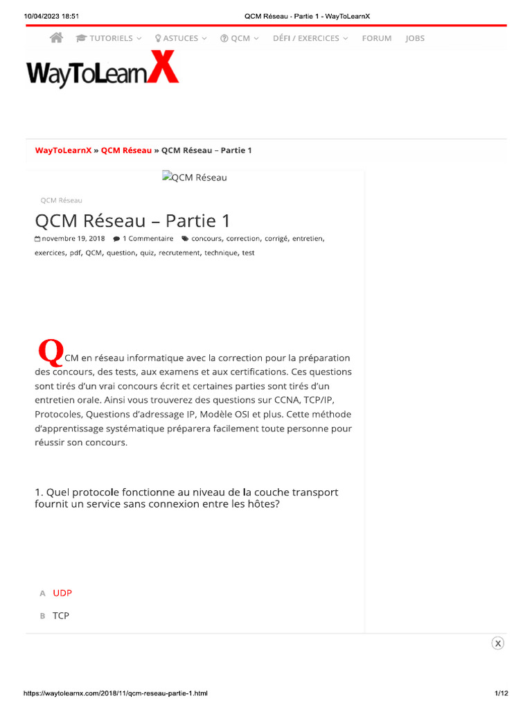 QCM Réseau - Partie 1 - WayToLearnX | PDF