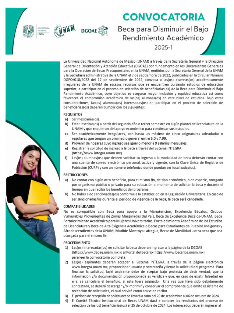 Convocatoria Beca para Disminuir El Bajo Rendimiento Academico 2025 1 | PDF
