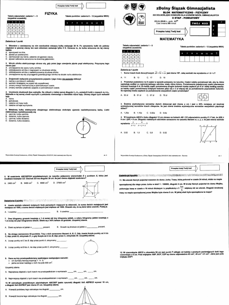 Arkusz - Powiatowy - Mat - Fiz - 2018 Zdolny Ślązak 2018 | PDF