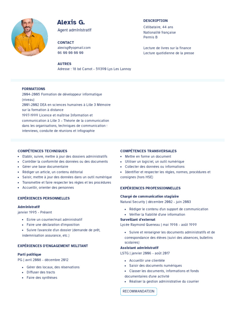 Alexis G. Agent Administratif CV Diago | PDF