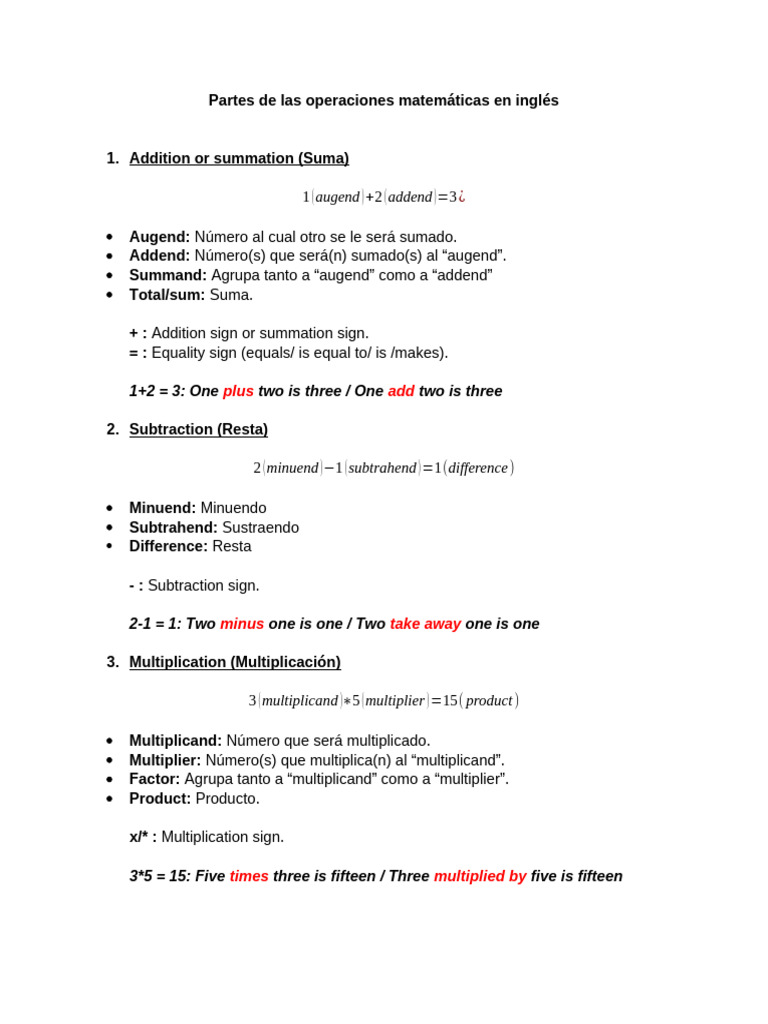 Partes de las operaciones matemáticas en inglés | PDF