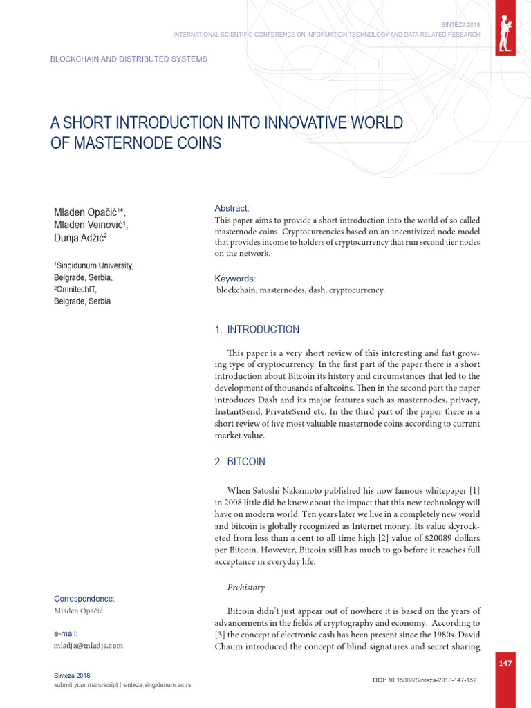 A Short Introduction Into Innovative World of Masternode Coins | PDF