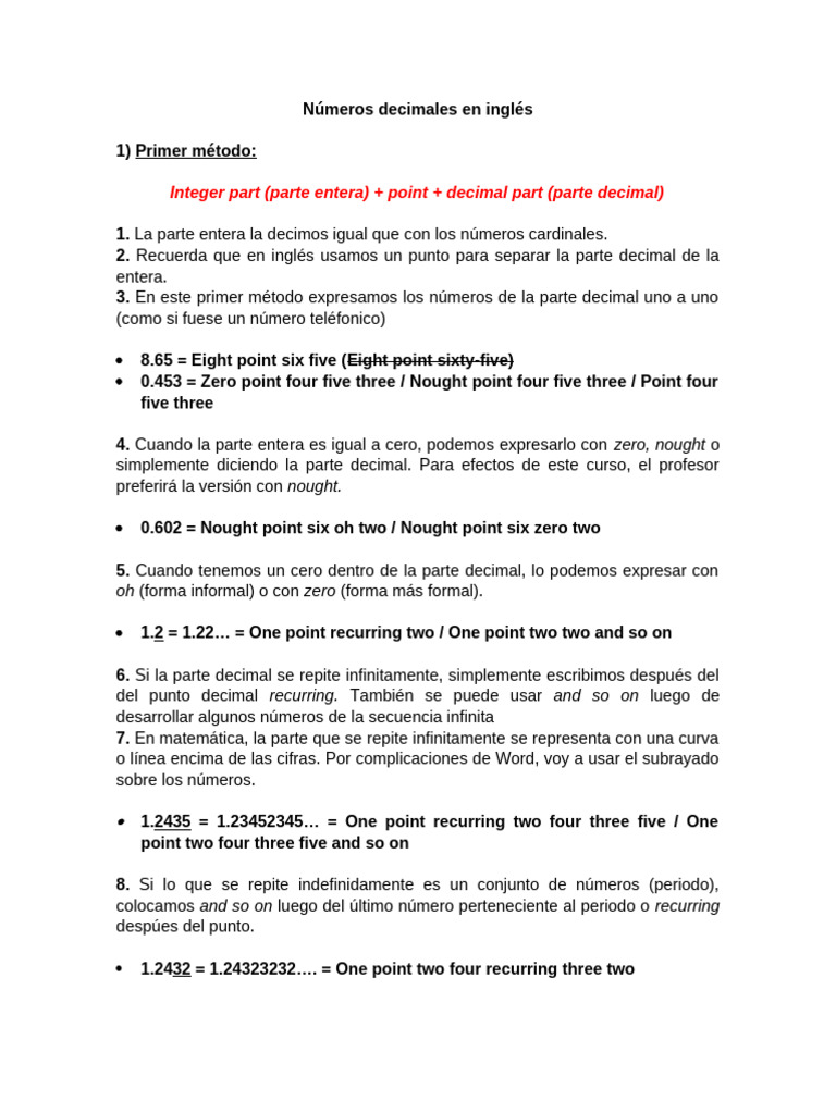 Cómo leer y escribir decimales en inglés | PDF | Decimal | Métodos y ...