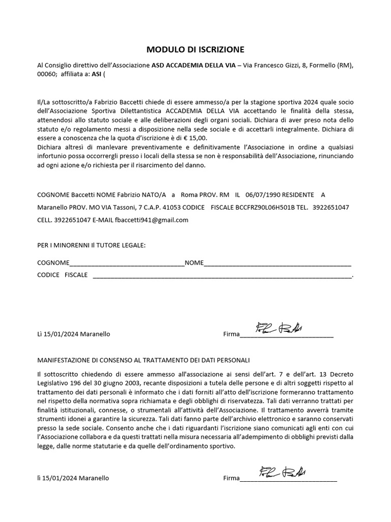 Modulo Iscrizione ASD ACCADEMIA 2024 F.baccetti | PDF
