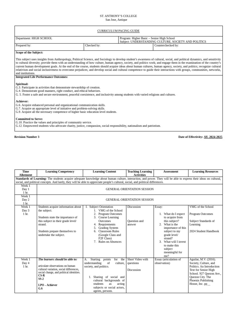 Curriculum Pacing Guide | PDF