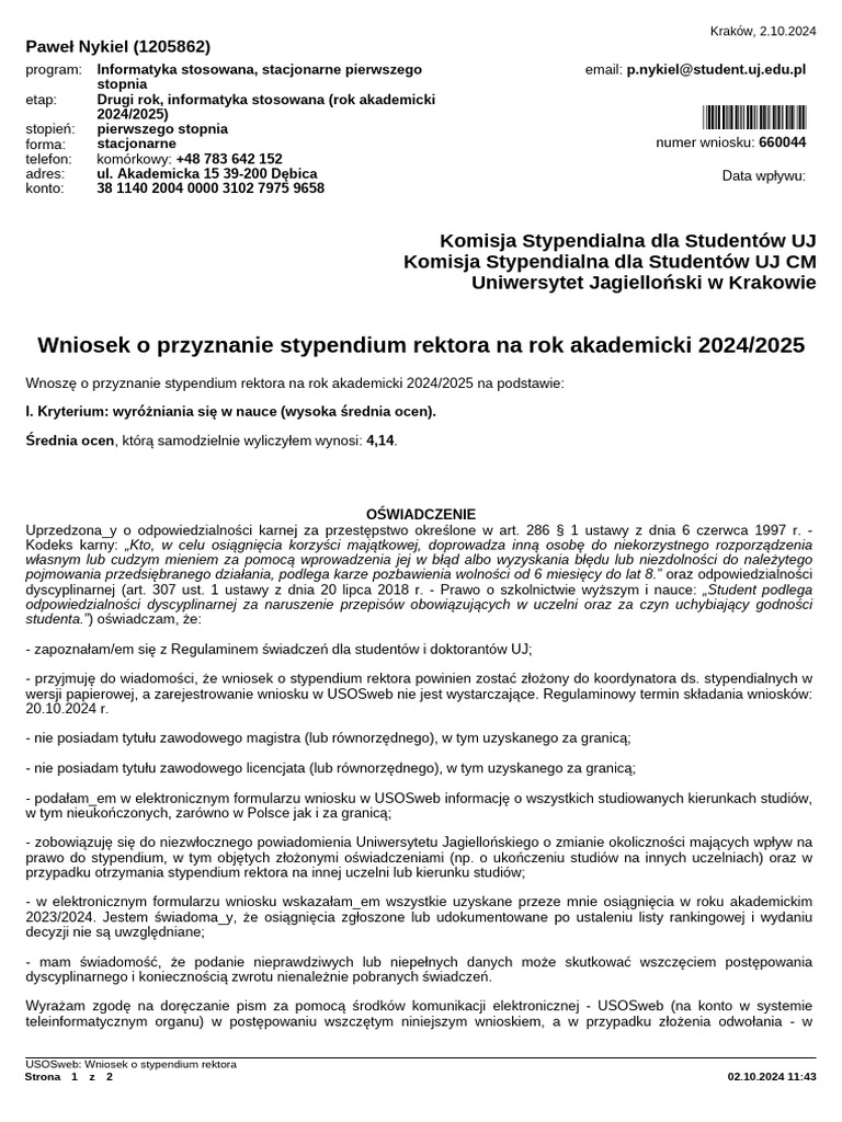 Wniosek o Stypendium Rektora 2024-10-02 | PDF